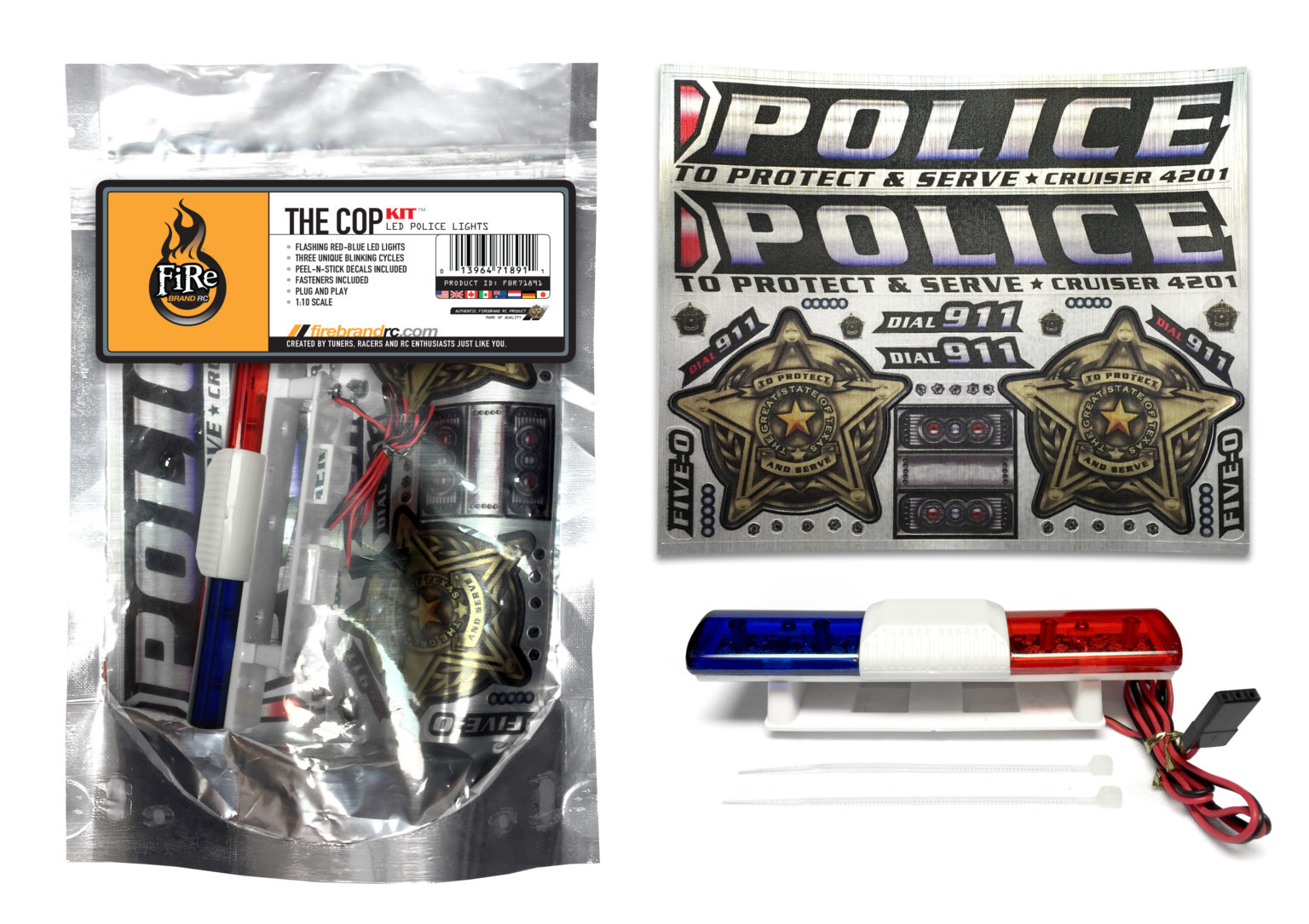 flashing LED police lights, RC police lights, cop lights, police decals